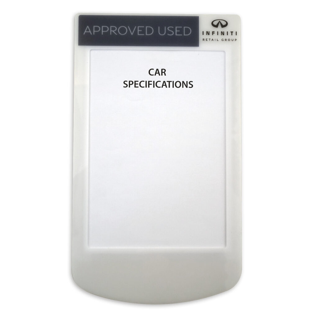 Branded silent spec card holders - New vehicle display